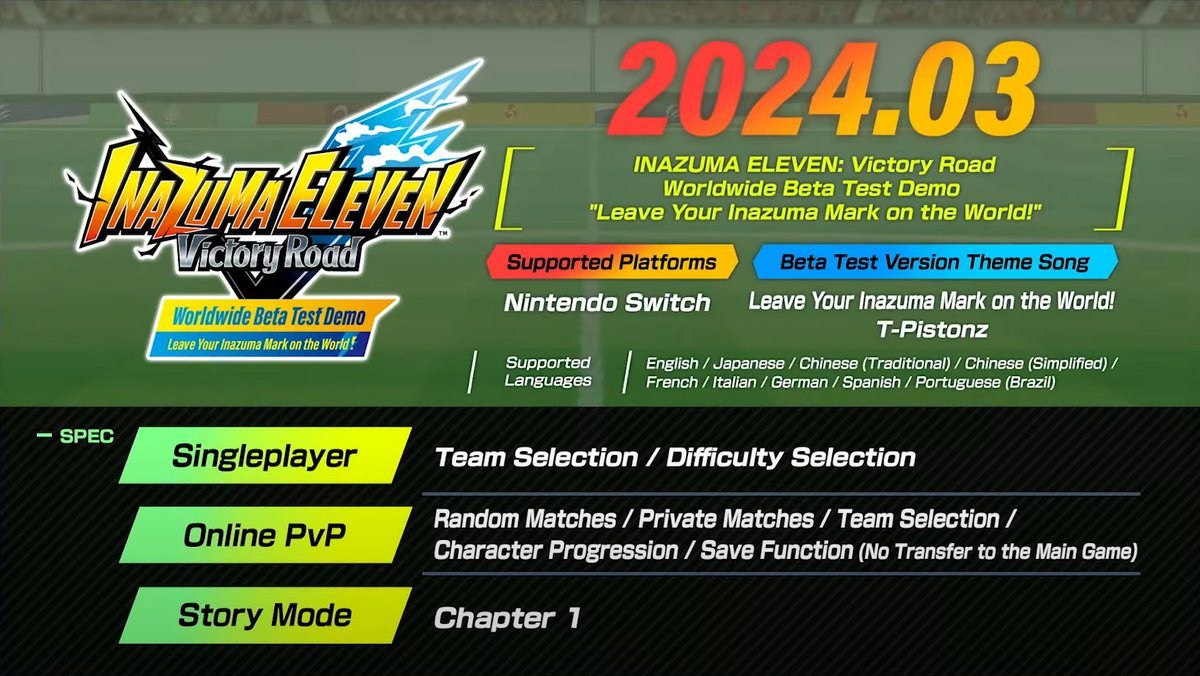 Anunciada una beta para Inazuma Eleven Victory Road en Nintendo Switch